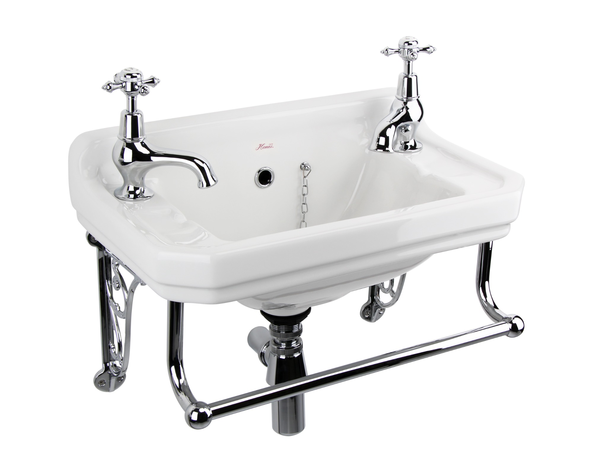Traditional Ceramic Basin With Bracket And Tap And Waste And Towel Shelf